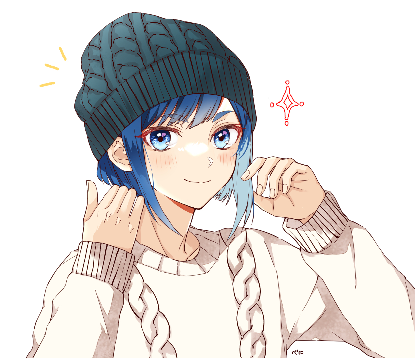 bnilst, highres, 1boy, beanie, blue eyes, blue hair, blush, hat, isuzugawa chihiro, long sleeves ...
