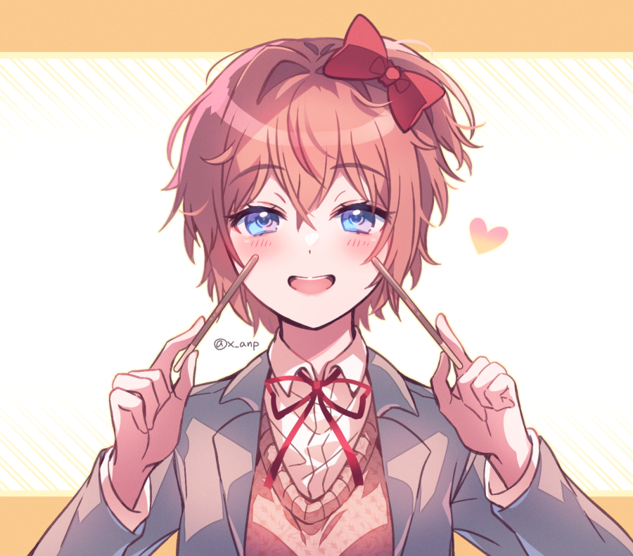 yuiki yuu, sayori (doki doki literature club), doki doki literature club, pocky, 1girl, :d, blue ...