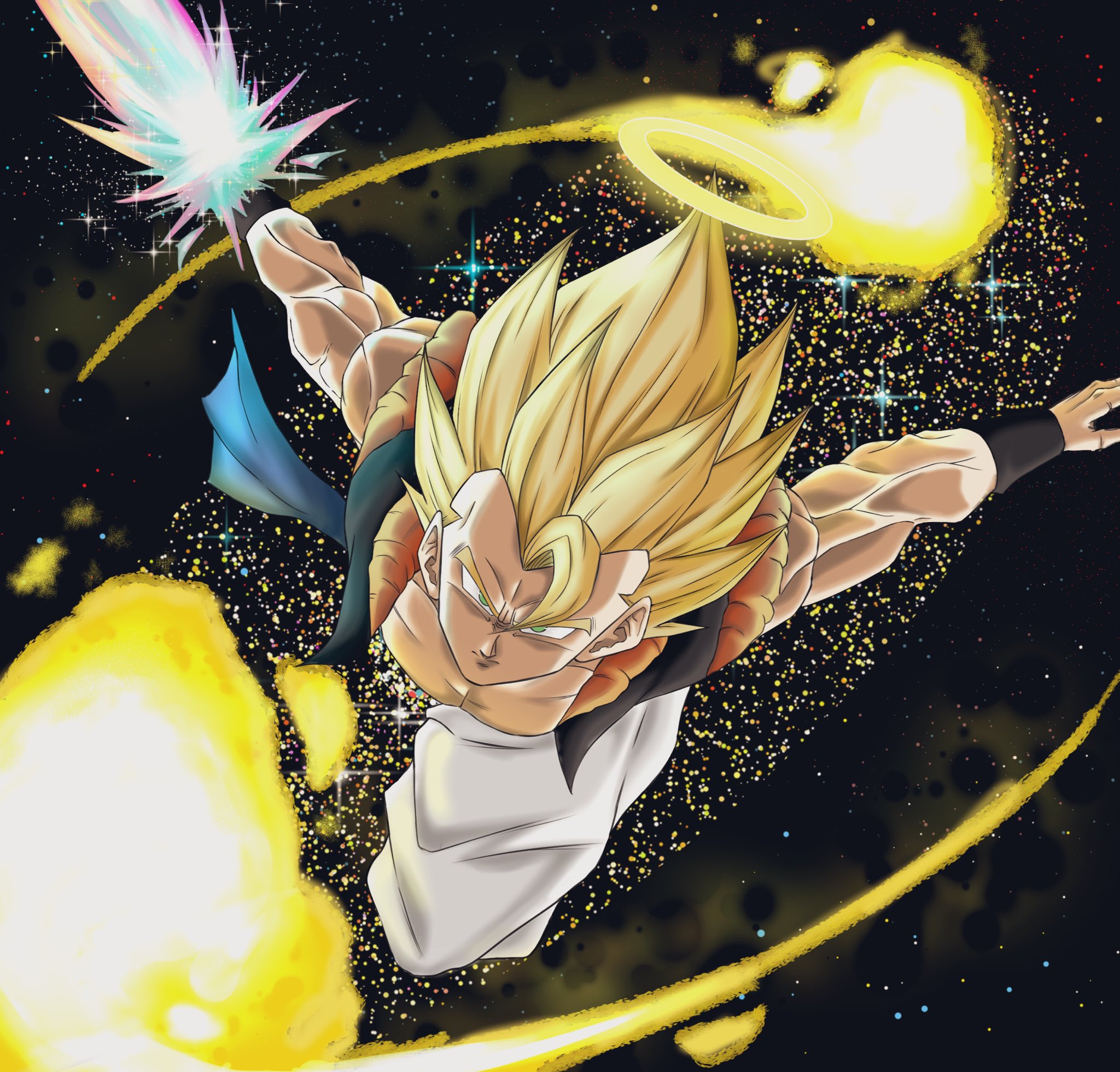 Gogeta Dragon Ball Highres Tagme Blonde Hair Flying Fusion Green