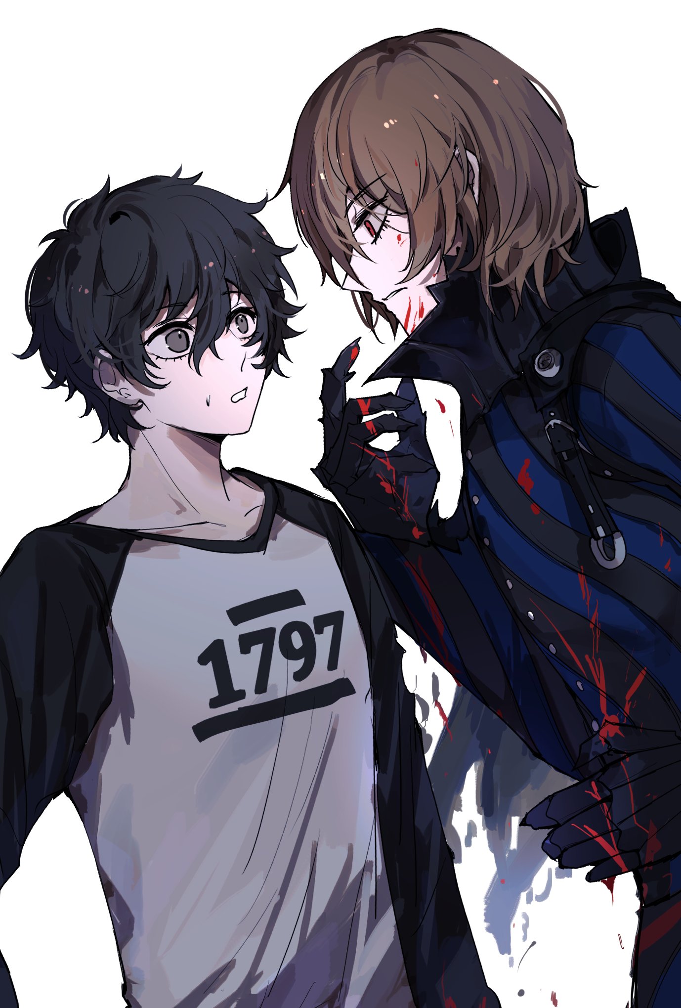 akechi gorou, amamiya ren, persona, persona 5, highres, 2boys, black gloves, black hair, black ...