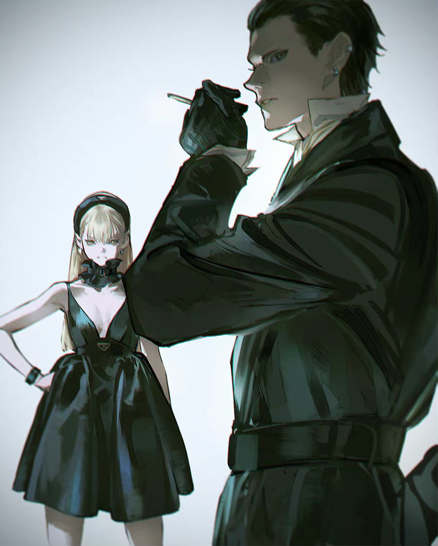 huangdanlan, ashaf, guideau, majo to yajuu, 1boy, 1girl, bare shoulders, belt, between fingers ...