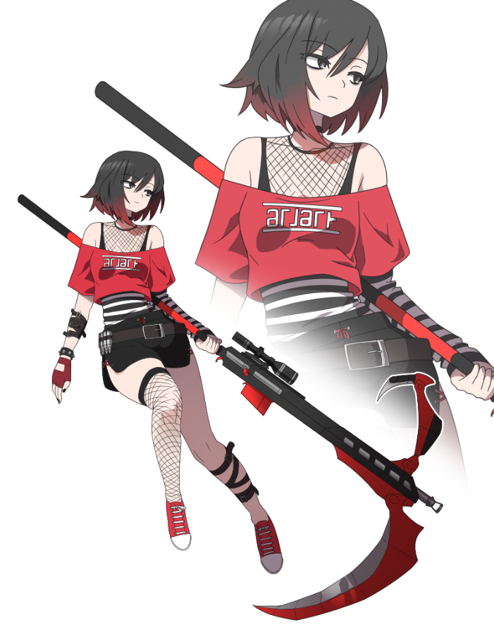 ar jart, ruby rose, rwby, commentary, english commentary, weapon request, 1girl, bare shoulders ...
