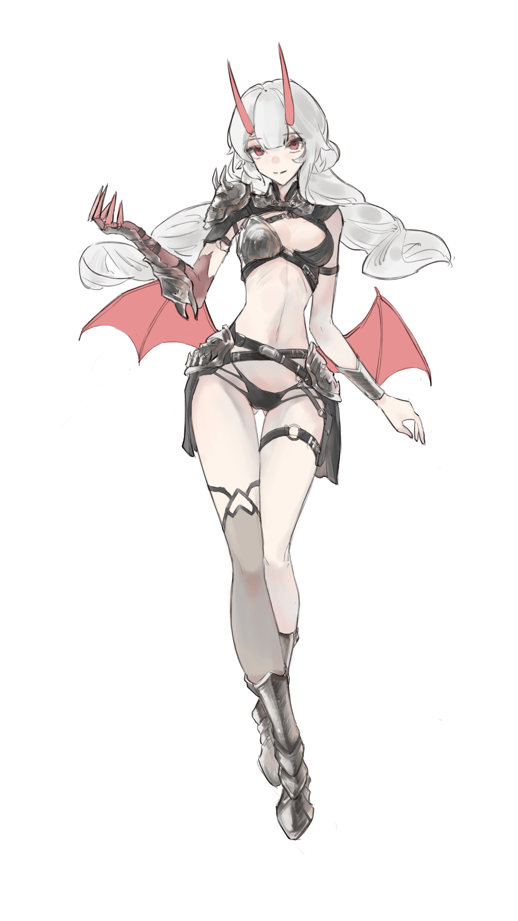 bosimap, original, absurdres, highres, 1girl, armor, armored boots, bikini, bikini armor, black ...