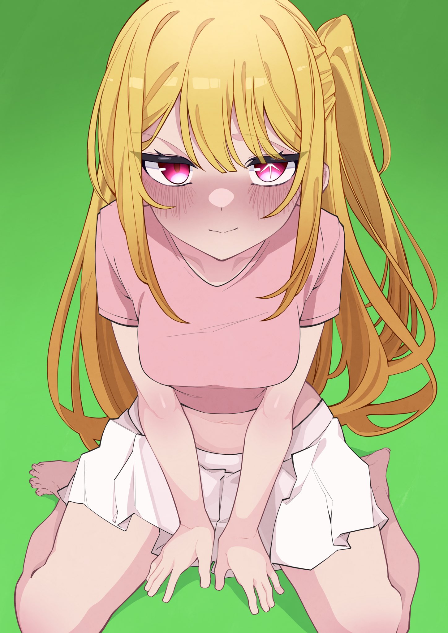 Mekato Hoshino Ruby Oshi No Ko Highres 1girl Blonde Hair From Above Green Background