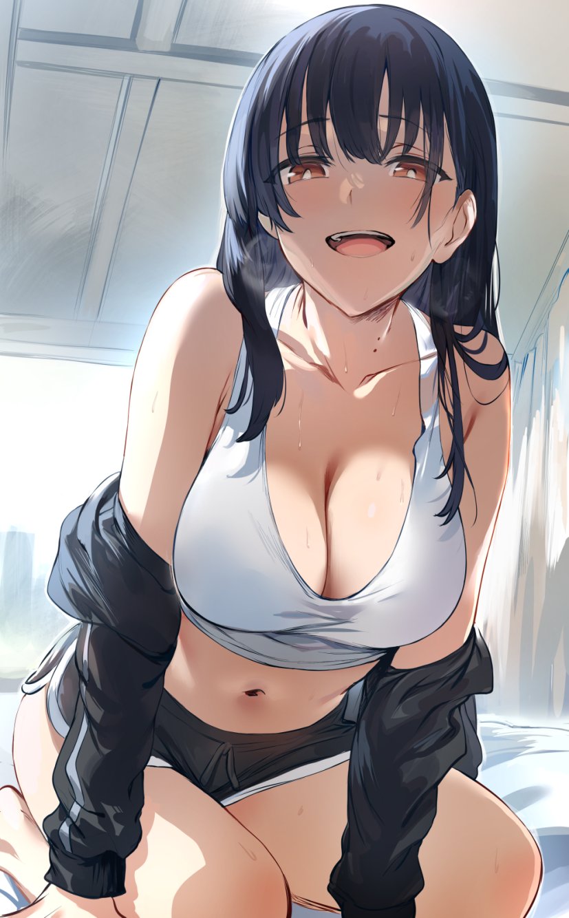 hews, yamada anna, boku no kokoro no yabai yatsu, highres, 1girl, :d, bare shoulders, black hair ...