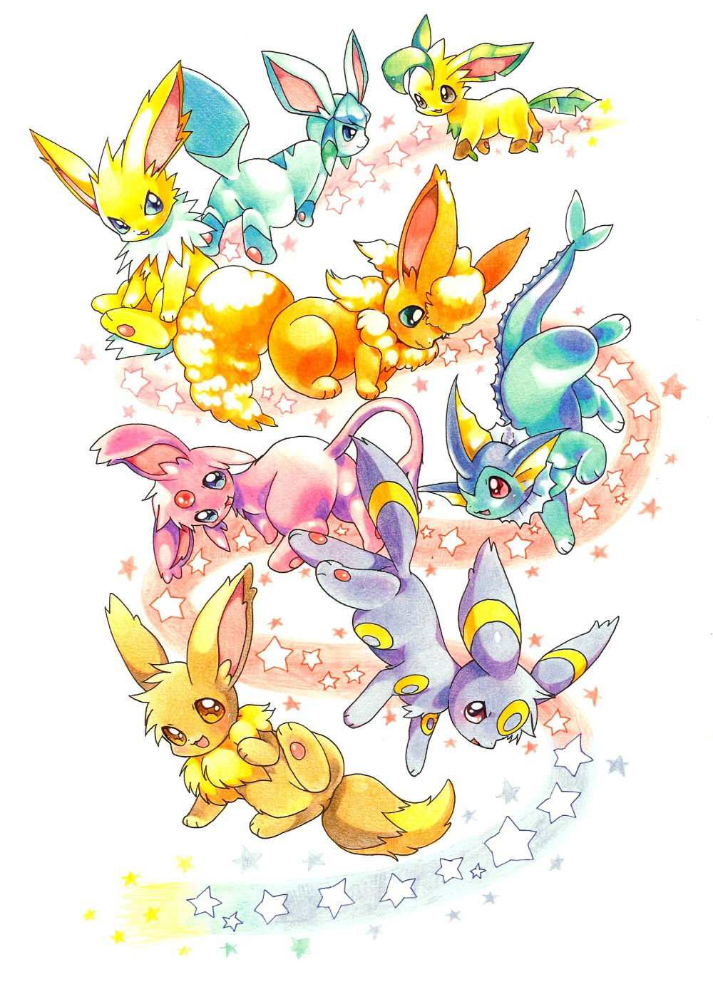 choko (sweetpocket), eevee, espeon, flareon, glaceon, jolteon, leafeon, umbreon, vaporeon ...