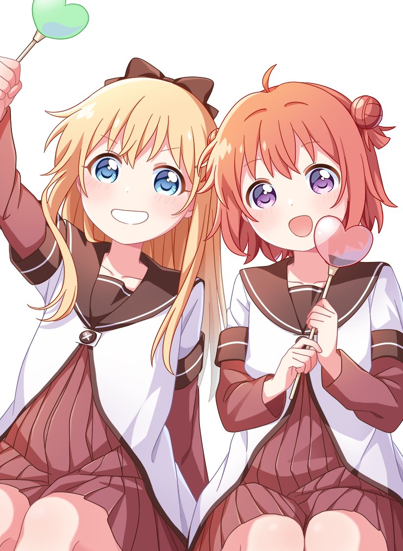 nnn yryr, akaza akari, toshinou kyouko, yuruyuri, 2girls, :d, ahoge, arm up, black bow, blonde ...