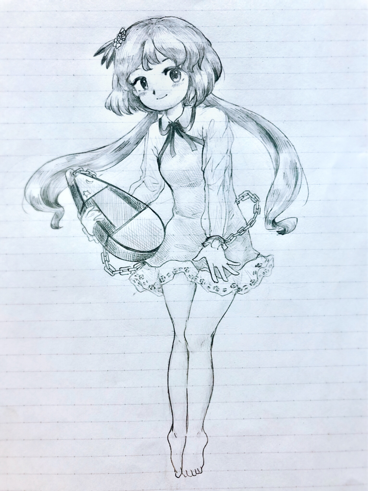 Busujima Tetoro Tsukumo Benben Touhou Highres Traditional Media 1girl Barefoot Biwa Lute