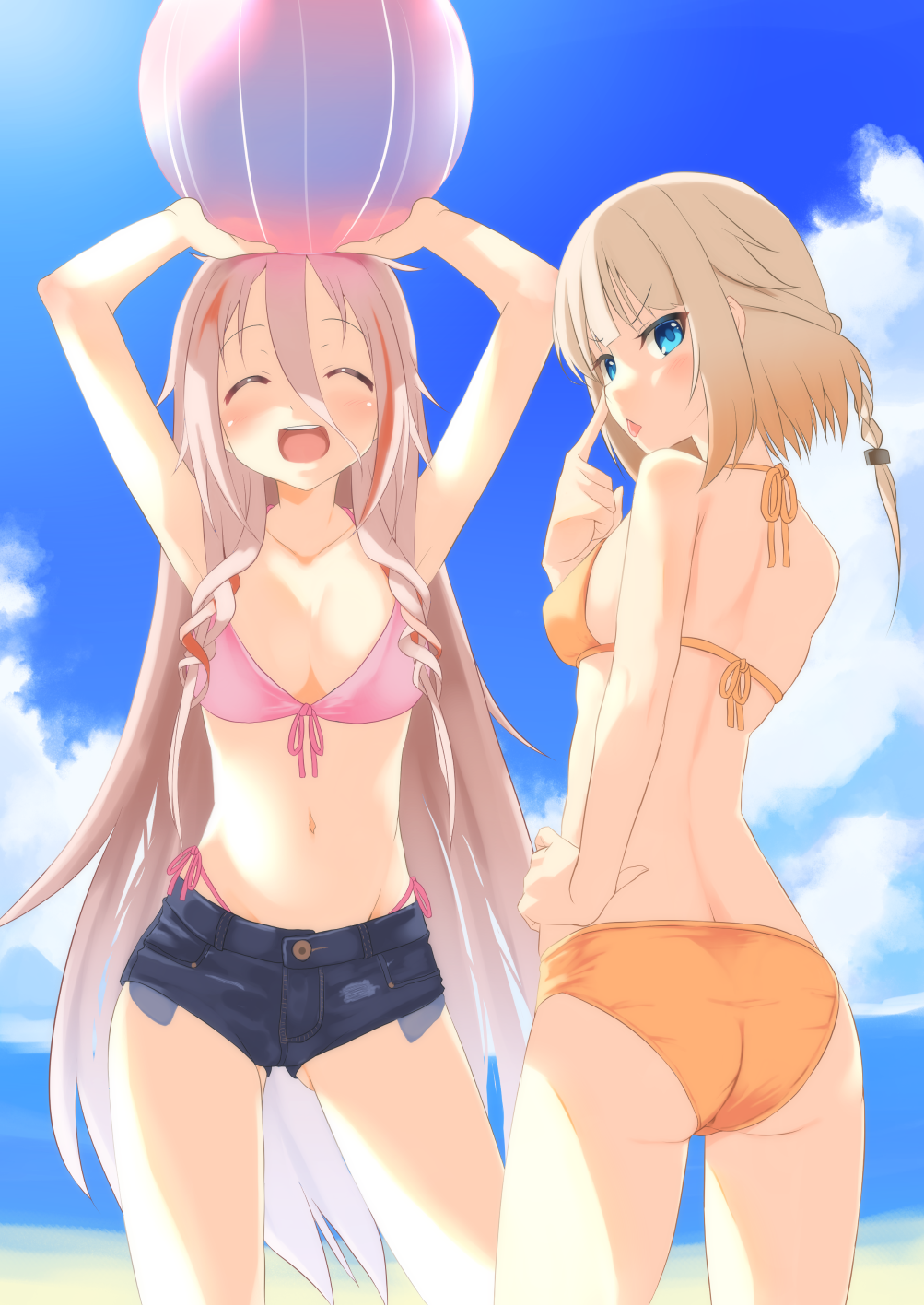 minase nagi, ia (vocaloid), one (cevio), cevio, highres, 2girls, :d, armpits, arms up, ass, back ...