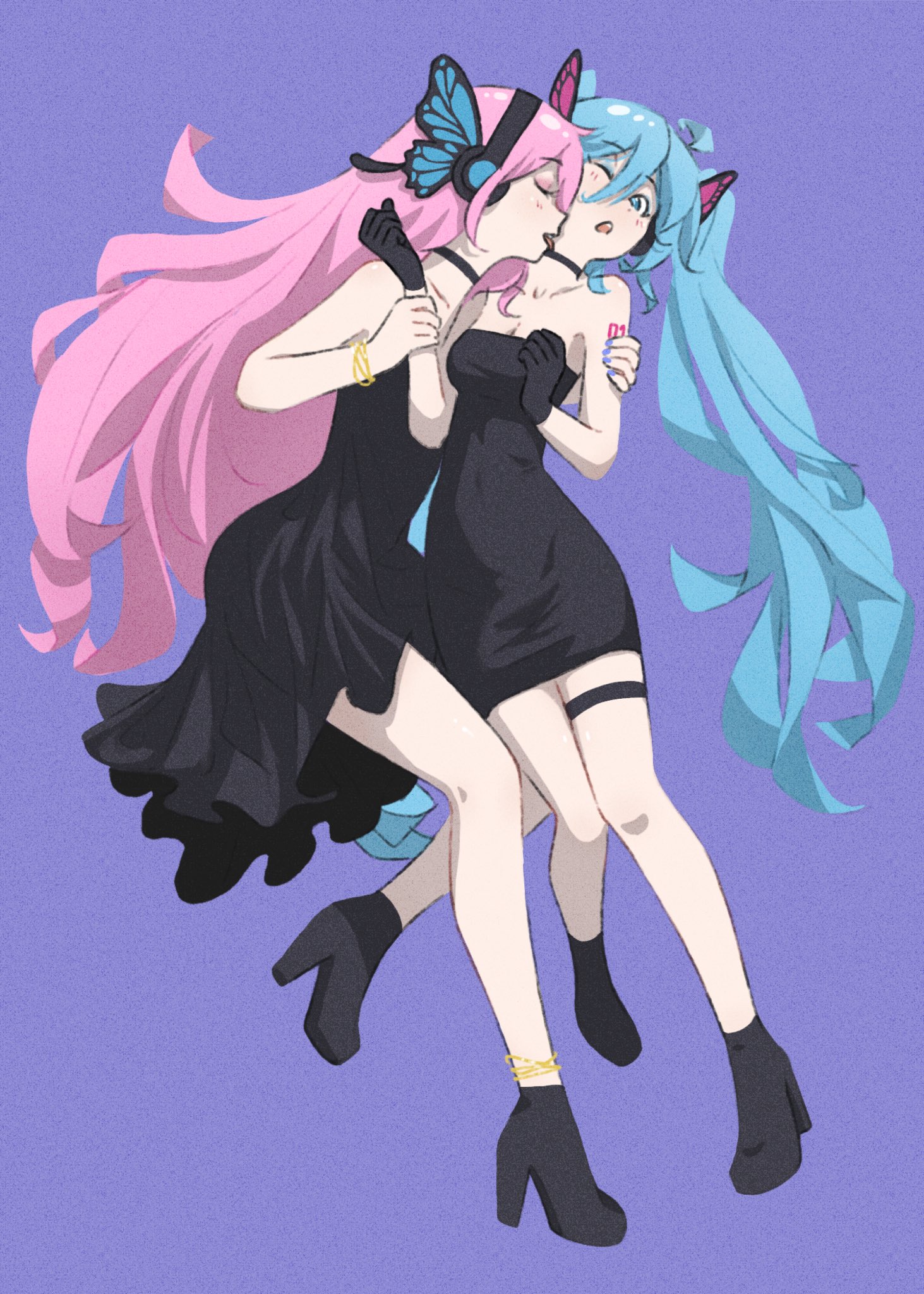 truffleduster, hatsune miku, megurine luka, magnet (vocaloid), vocaloid, black footwear, highres ...