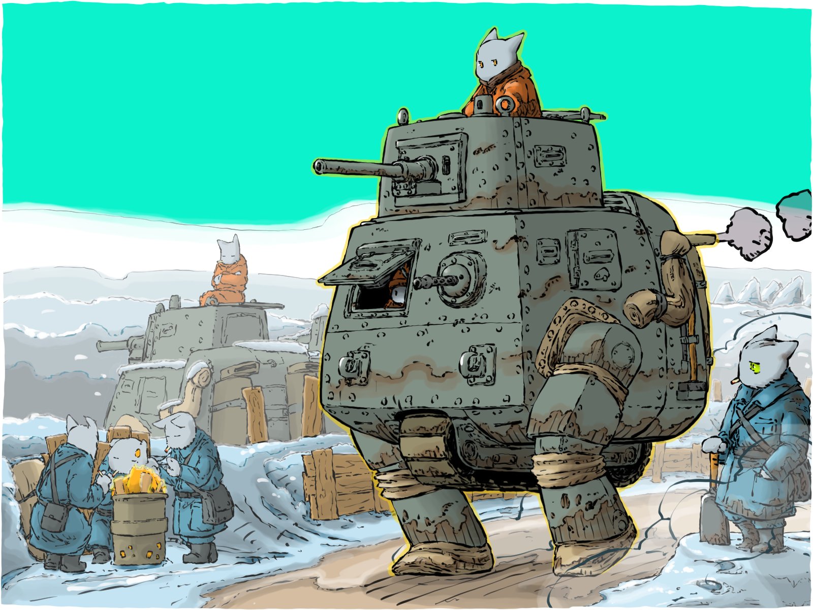 Yabarn Original Turret Highres 6 Girls Blue Sky Day Dieselpunk