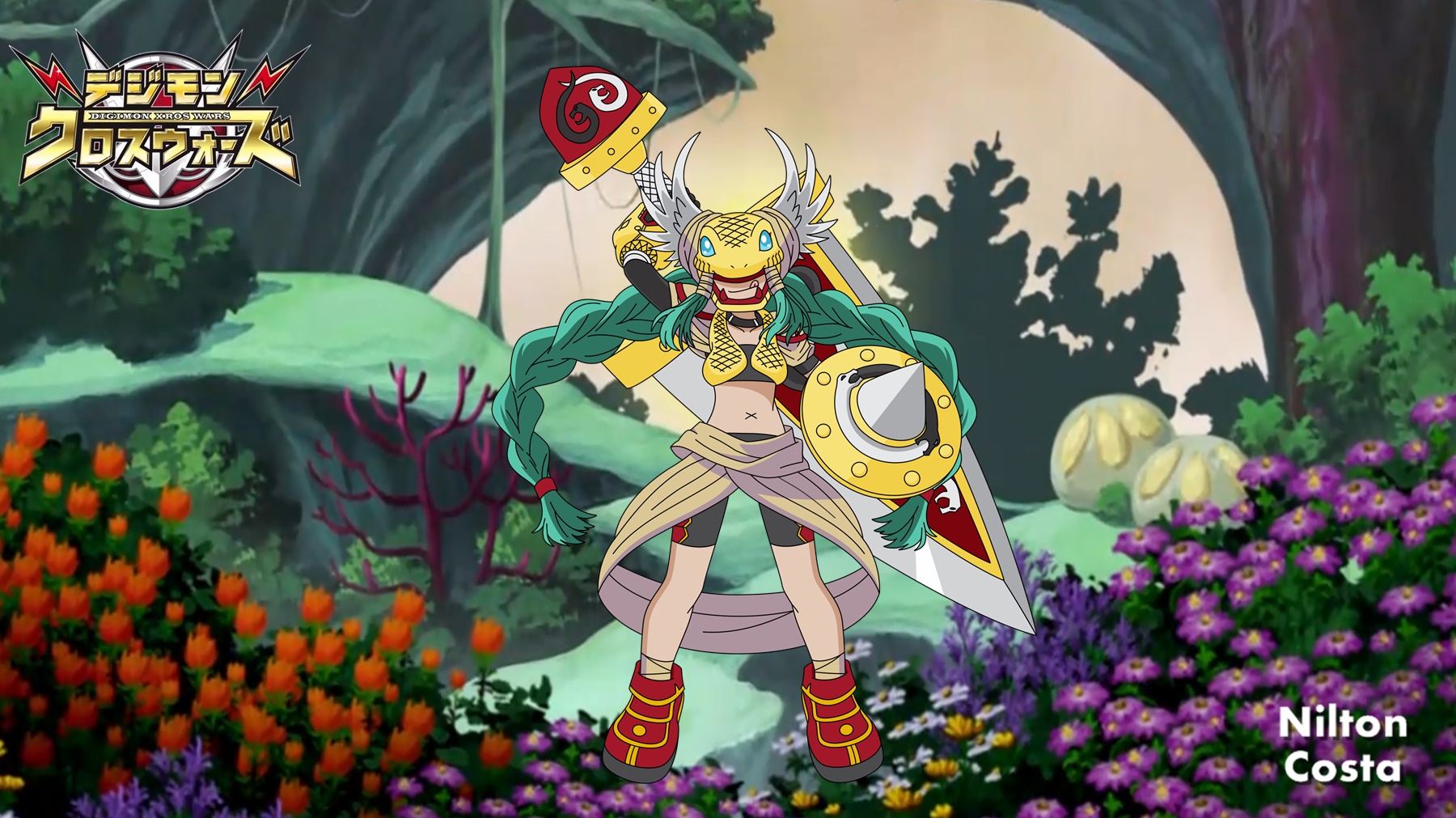 minervamon, digimon, highres, braid, covered eyes, digimon (creature), long hair, mask, wings ...