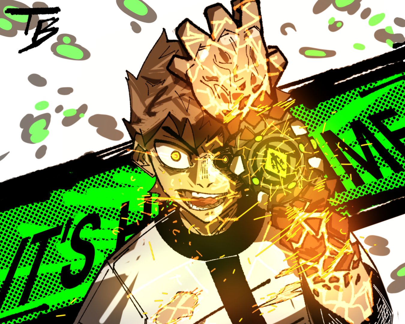 thatboy studio, ben tennyson, ben 10, 1boy, arm up, brown hair, english text, glowing, glowing ...