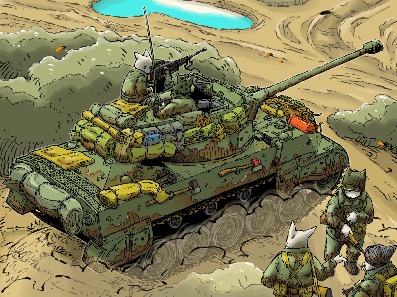 yabarn, m18 hellcat, original, highres, vehicle request, 4boys ...