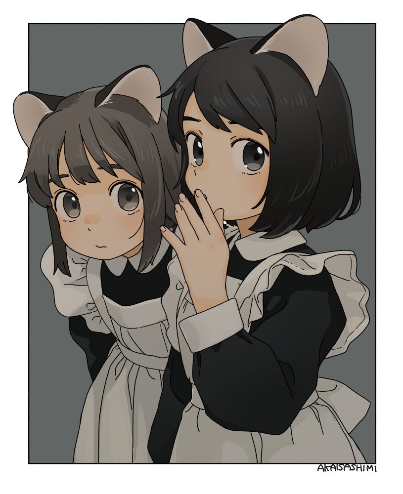 akai sashimi, original, 2girls, animal ears, apron, bent over, black dress, black eyes, black ...