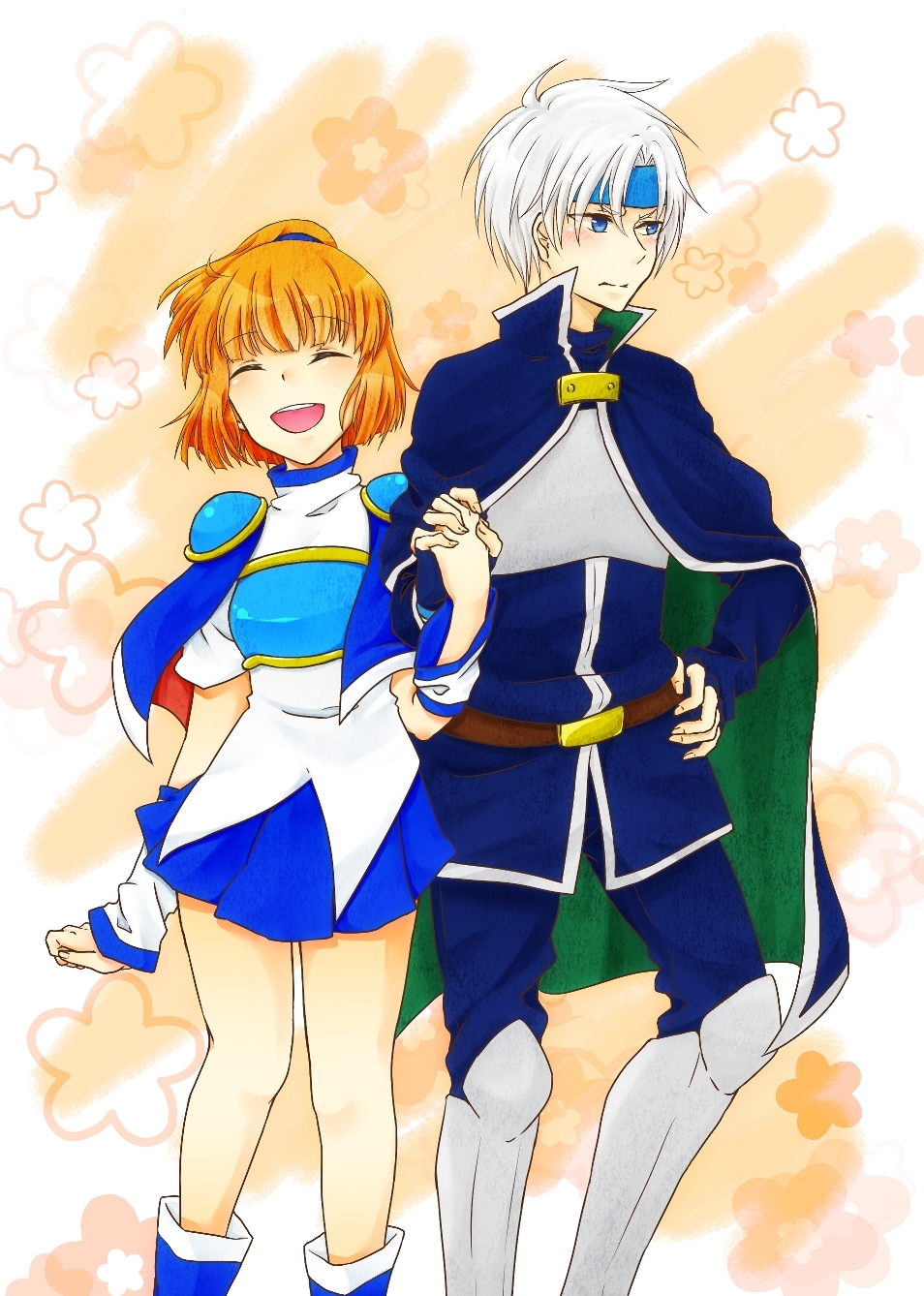 arle nadja, schezo wegey, puyopuyo, highres, 1boy, 1girl, 9zirane5, :d, belt, blue cape, blue ...