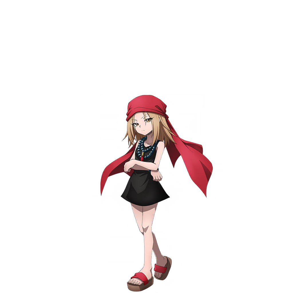 kyouyama anna, shaman king, official art, 1girl, bandana, bare shoulders, beads, black dress ...