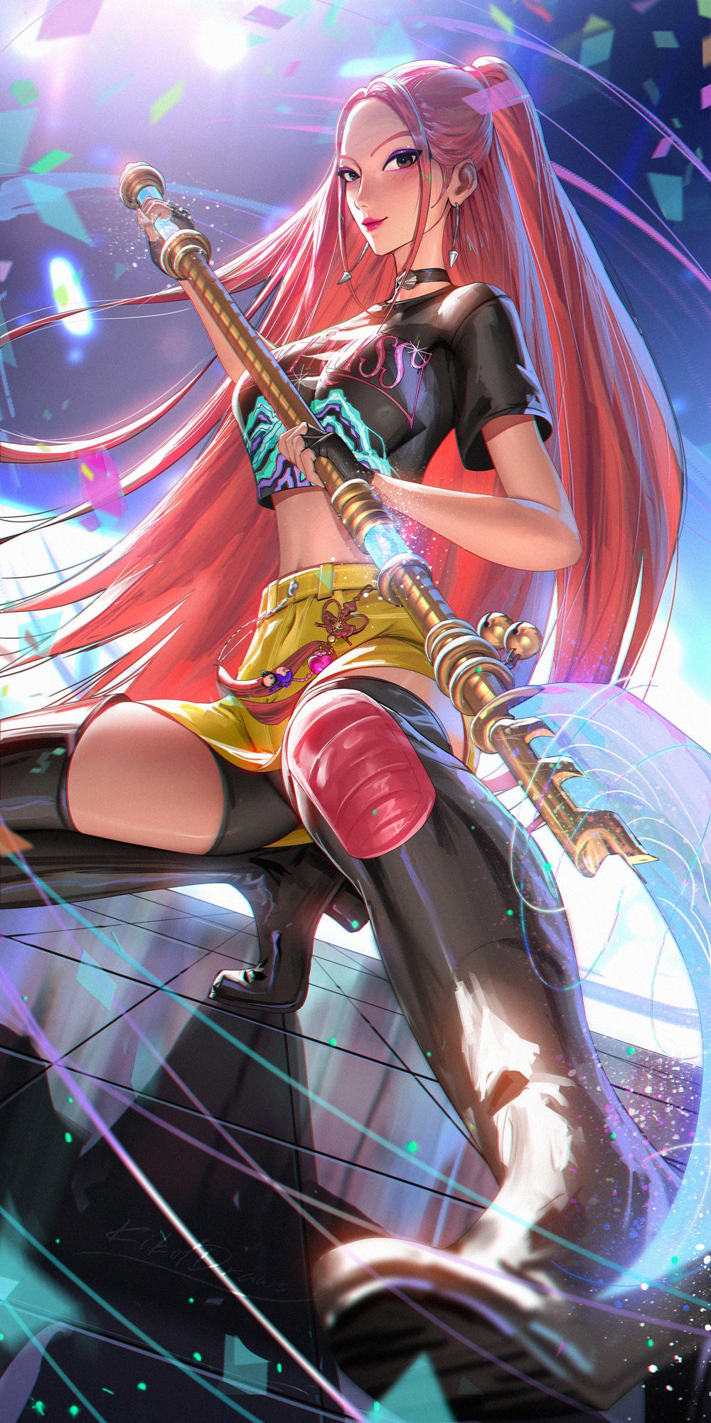 liang xing, mira (kpop demon hunters), kpop demon hunters, highres, 1girl, bike shorts, bike ...