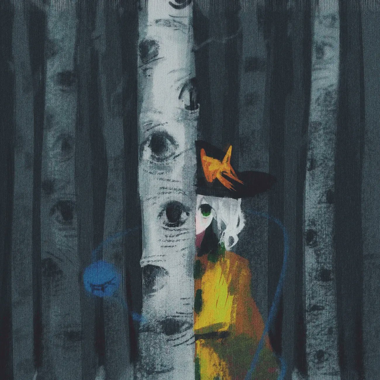 poxiao354, komeiji koishi, touhou, highres, traditional media, 1girl, birch tree, black hat ...