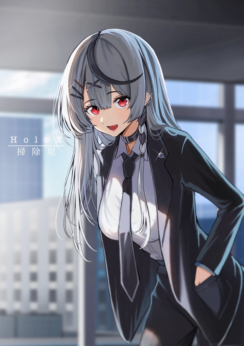 hz (helu 2), sakamata chloe, hololive, absurdres, highres, 1girl, :d, alternate costume, belt ...