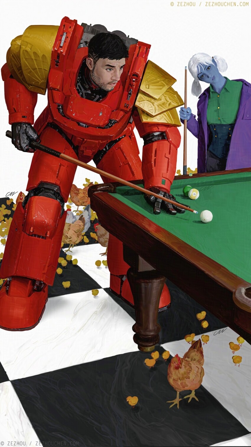 zezhou chen, pawn (rimworld), rimworld, highres, 1boy, 1girl, armor ...