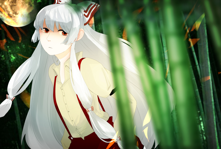 uta/natika, fujiwara no mokou, touhou, silver hair, bad id, bad pixiv id, 1girl, armband, bamboo ...