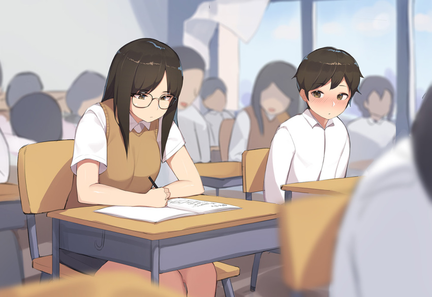 pepper0, original, 6+boys, 6+girls, black hair, blurry, blurry background, breasts, brown eyes ...