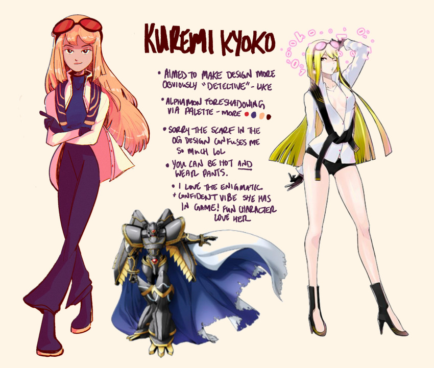 Alphamon Kuremi Kyouko Digimon Digimon Story Cyber Sleuth Highres Breasts Glasses On Head